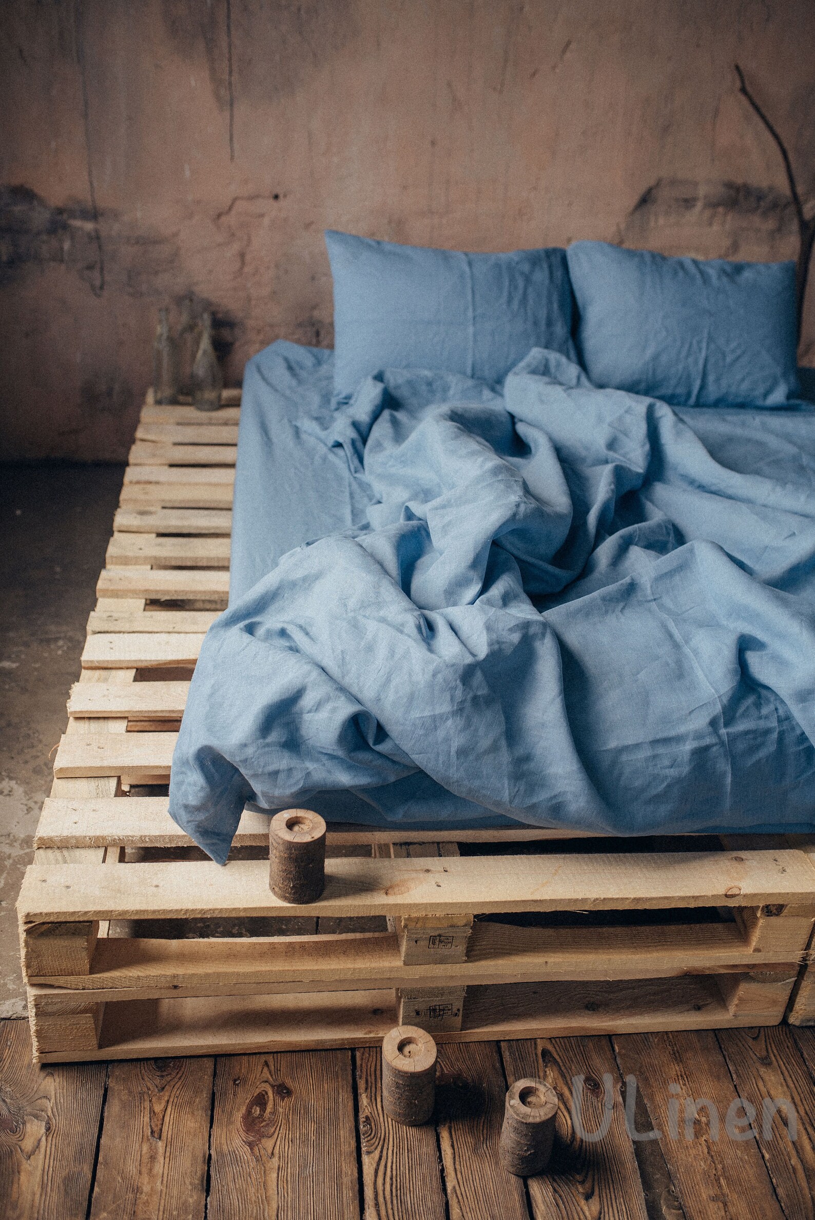 Linen Bedding Set Brilliant Blue Color Duvet Cover and 2 Pillow Cases ...