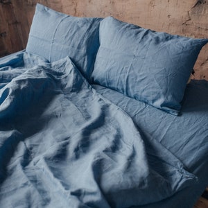 Linen Bedding Set Brilliant Blue Color Duvet Cover and 2 Pillow Cases ...