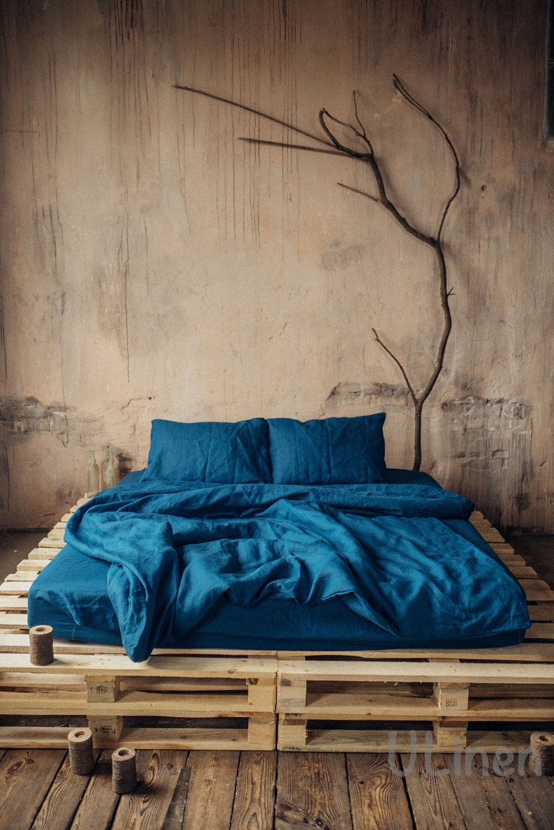 Linen Bedding Set Azure Blue Color 1 Duvet Cover and 2 - Etsy