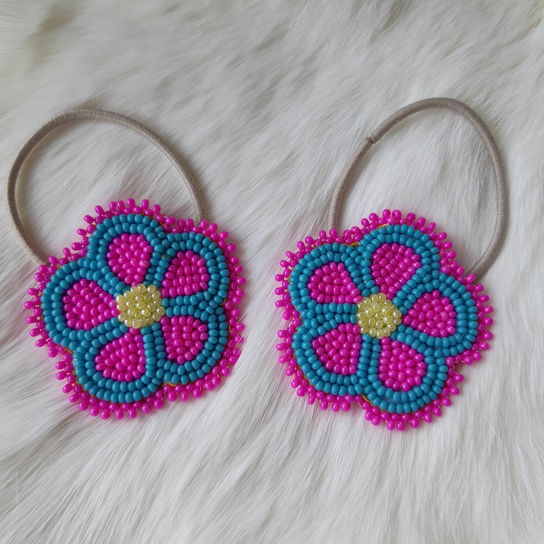 Custom Made Metis Hand Beaded Flower Hair Band Ties - Matching Set of 2 ...