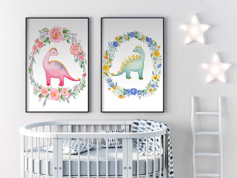 Double Dinosaur Printable Poster Set. Pink and Blue Dinosaur. Twin Room ...