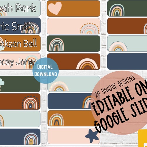 Boho Rainbow Theme Name Tags EDITABLE on Google Slides - Etsy