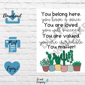 You Belong Here Classroom Sign | You Matter Poster | Plant Cactus ...
