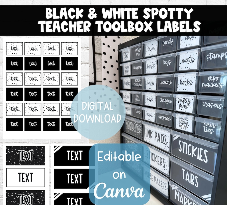 Black and White Spotty Teacher Toolbox | Editable on Canva | Dotted ...