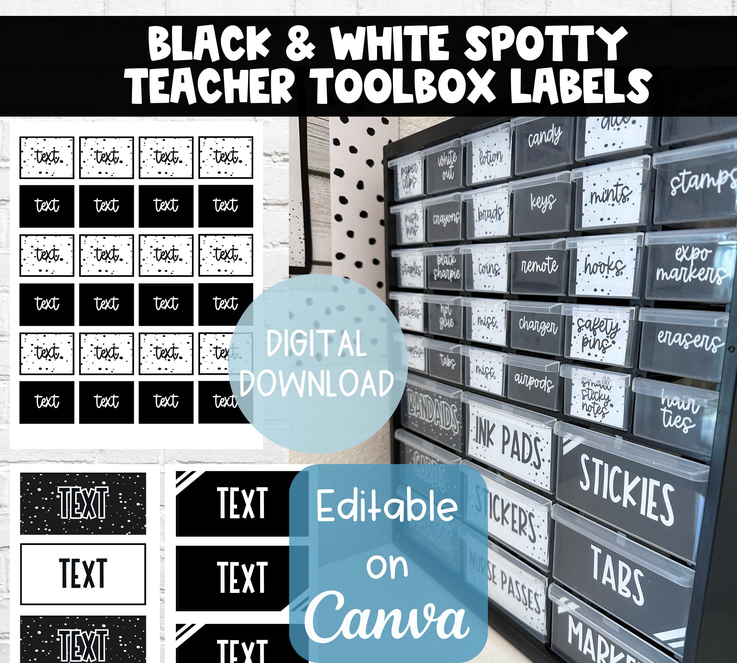 Black and White Spotty Teacher Toolbox | Editable on Canva | Dotted ...