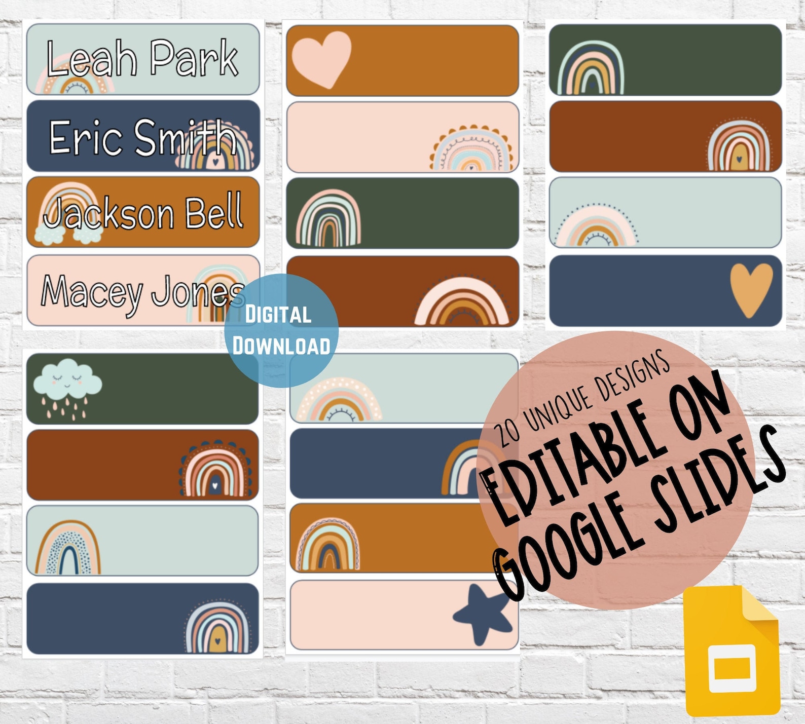 Boho Rainbow Theme Name Tags EDITABLE on Google Slides - Etsy