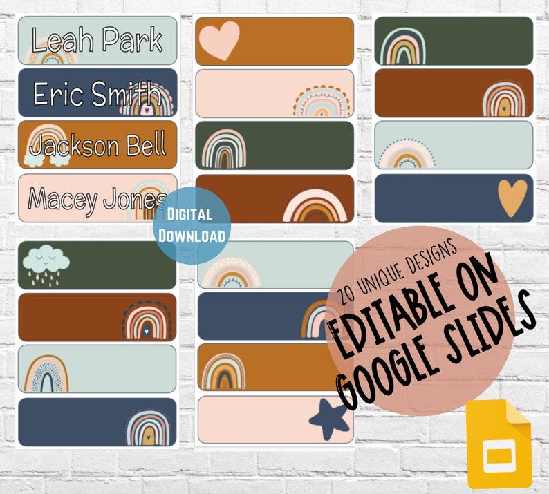 Boho Rainbow Theme Name Tags EDITABLE on Google Slides - Etsy