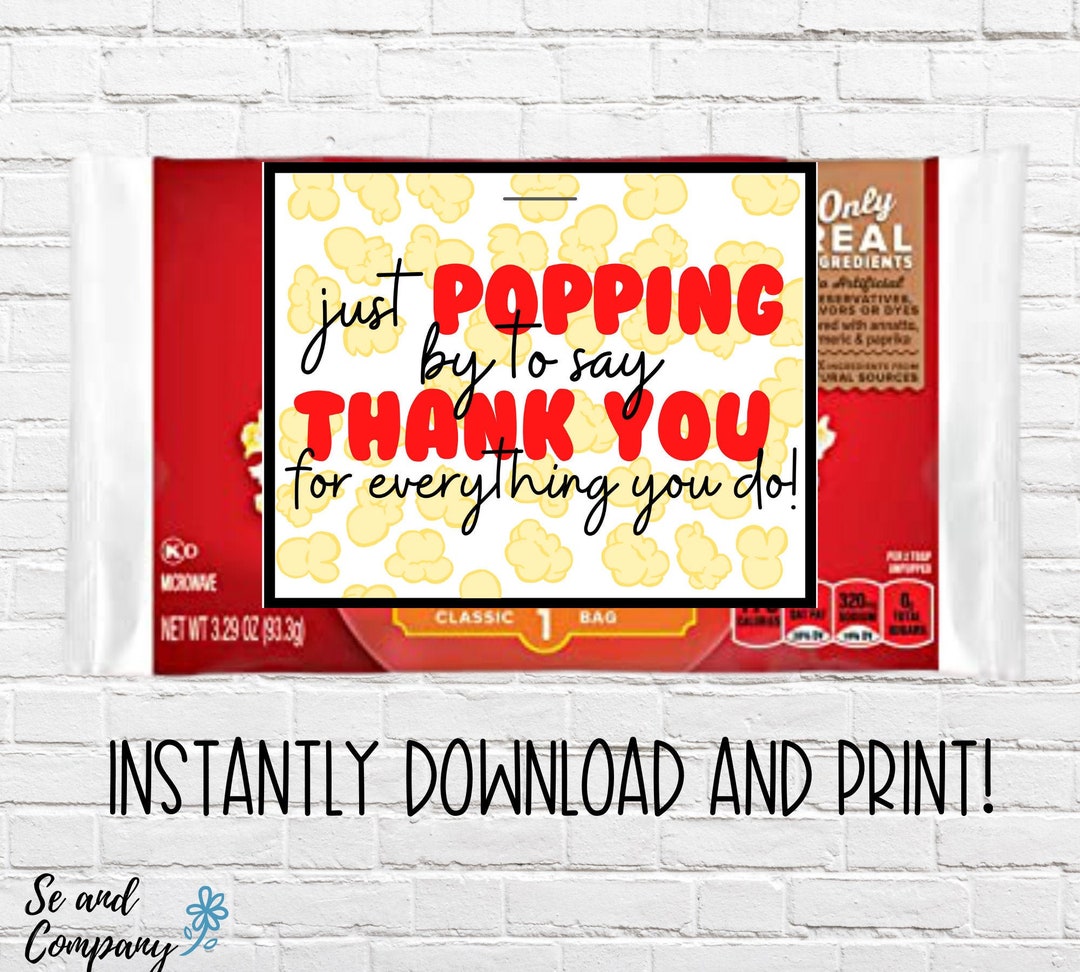 Popcorn Thank You Tag PRINTABLE | Teacher Appreciation Popcorn Note ...