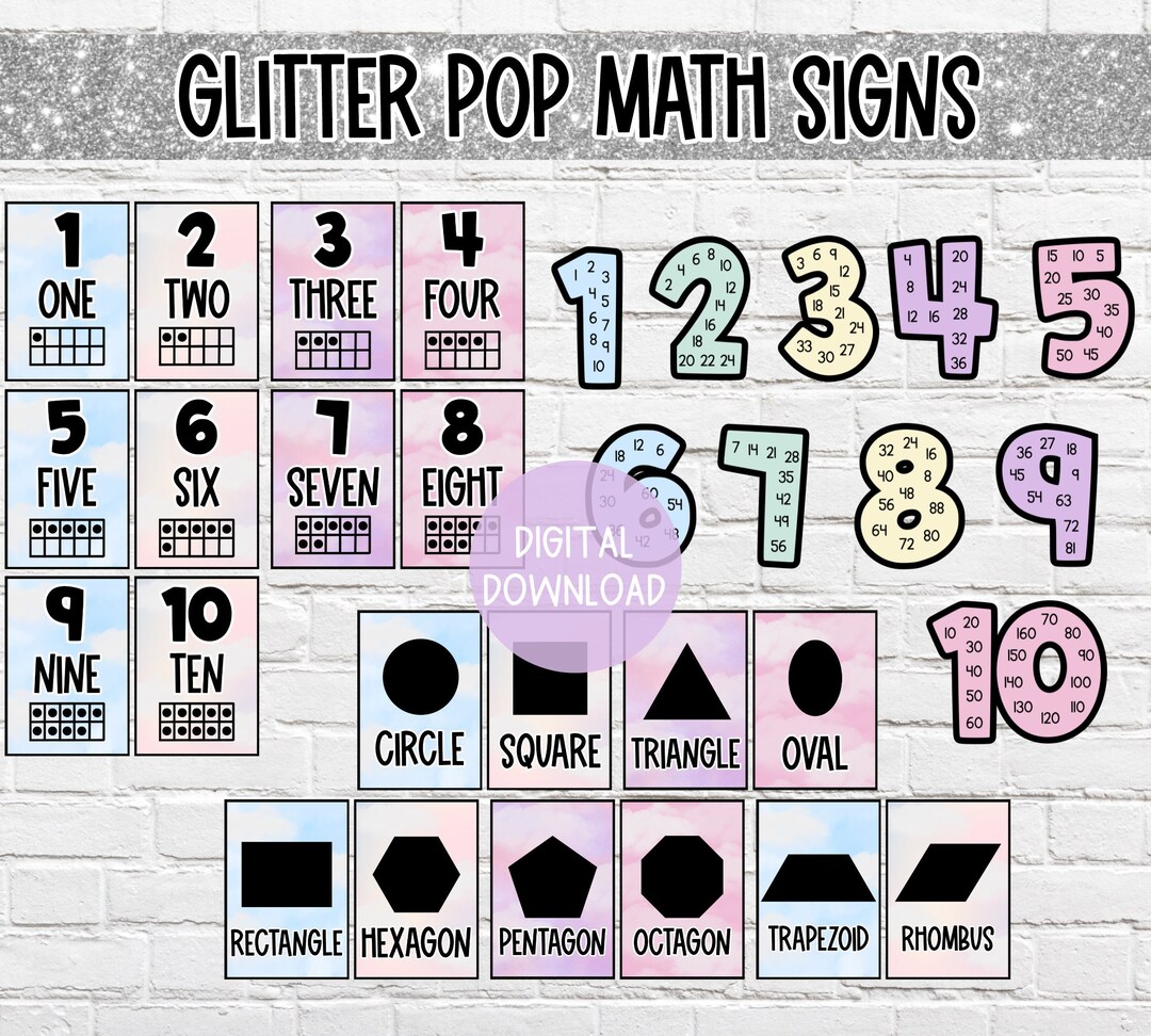 Glitter Pop Elementary Math Signs| Pastel Cloud Math Posters | DIGITAL ...