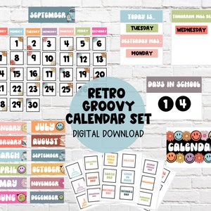 Retro Groovy Classroom Calendar Boho Retro Calendar Time DIGITAL ...