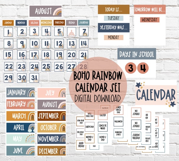 Boho Rainbow Classroom Calendar Set DIGITAL DOWNLOAD - Etsy