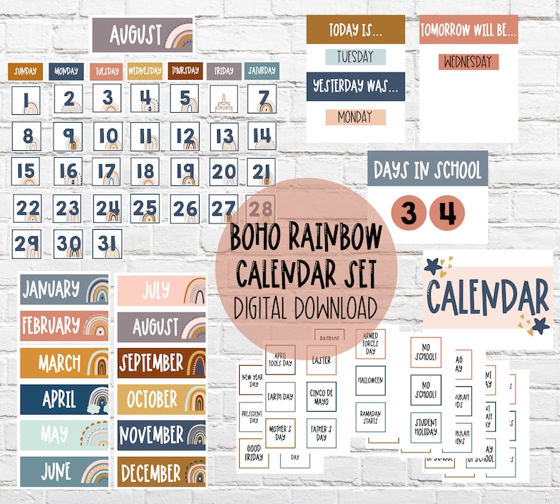 Boho Rainbow Classroom Calendar Set DIGITAL DOWNLOAD - Etsy