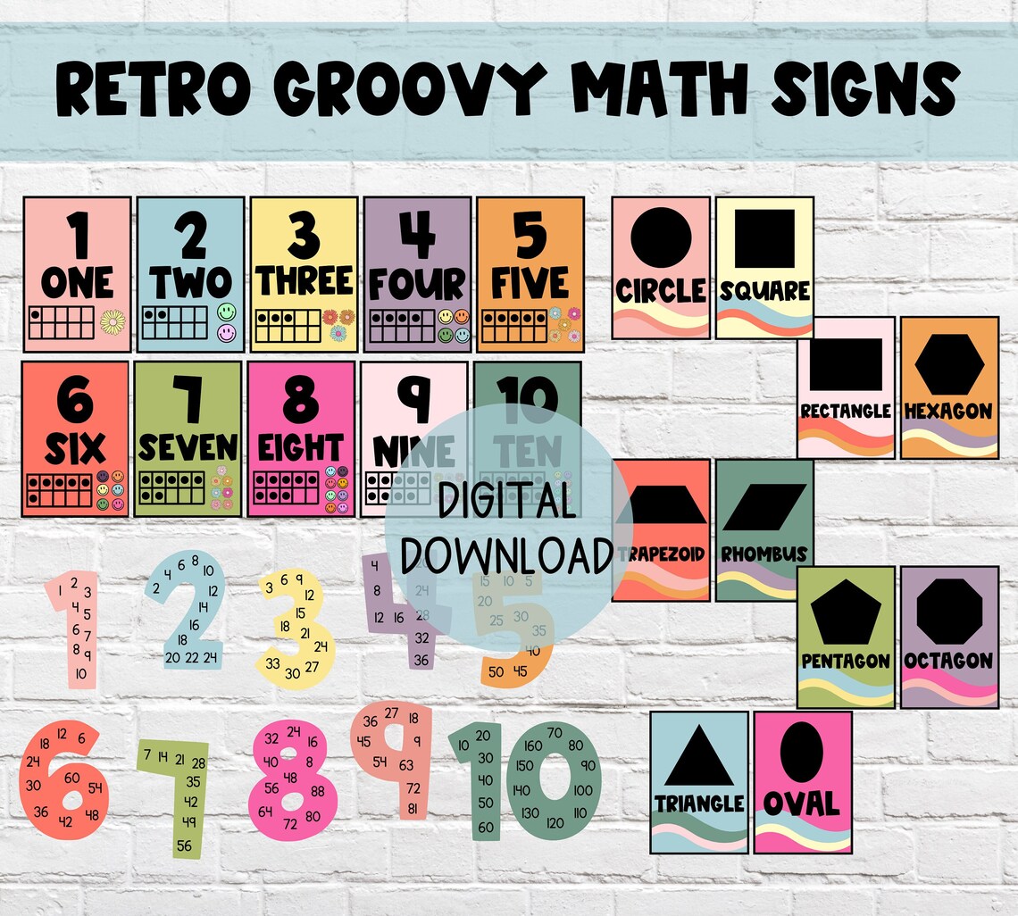 Retro Groovy Elementary Math Signs Boho Retro Math Posters - Etsy