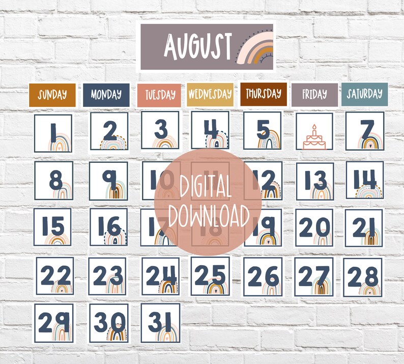 Boho Rainbow Classroom Calendar Set | DIGITAL DOWNLOAD | Modern Rainbow ...