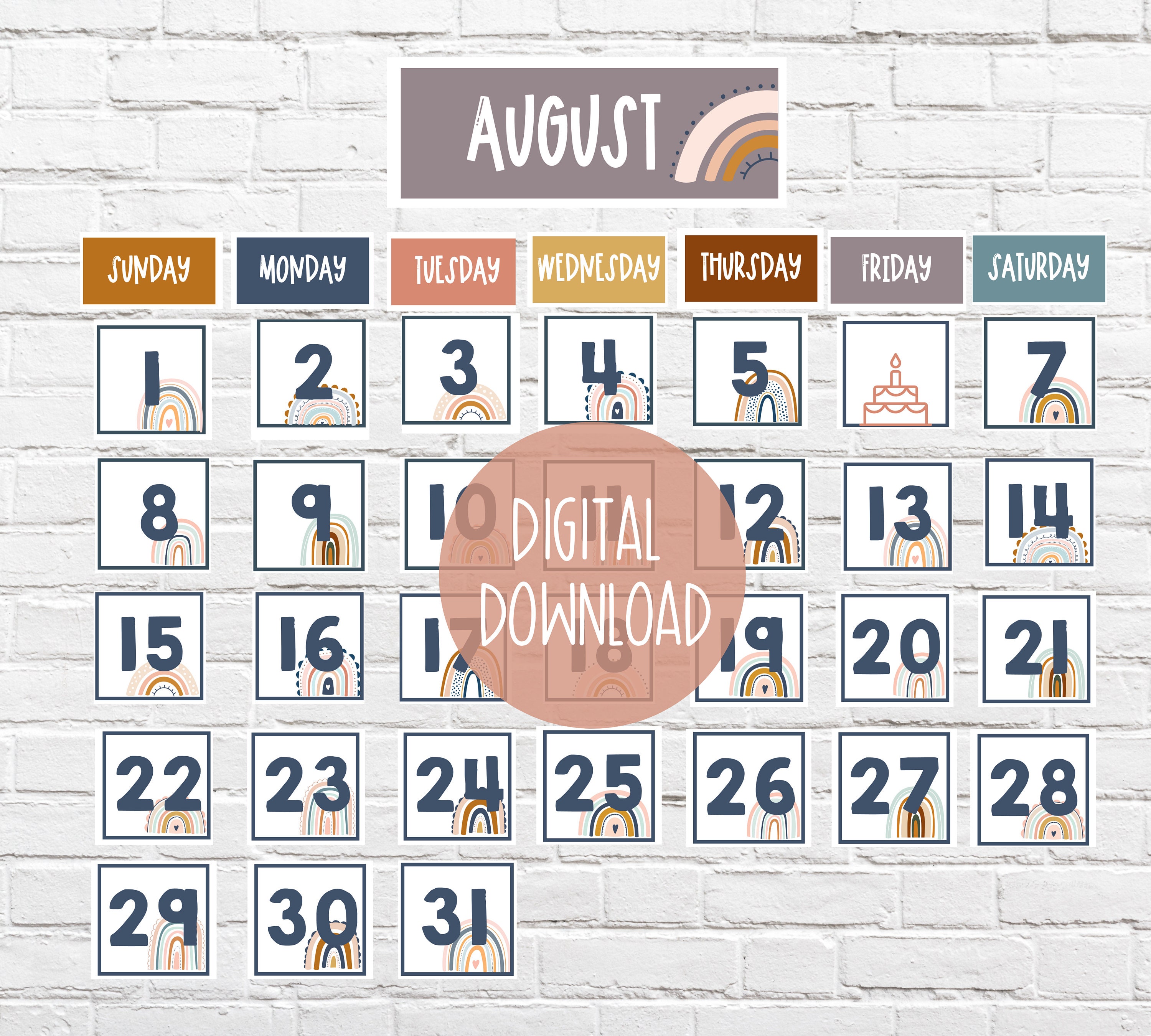 Boho Rainbow Classroom Calendar Set DIGITAL DOWNLOAD | Etsy