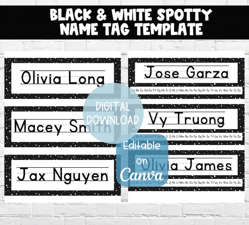 Black and White Spotty Name Tags | Editable on Canva | Dotted Student ...