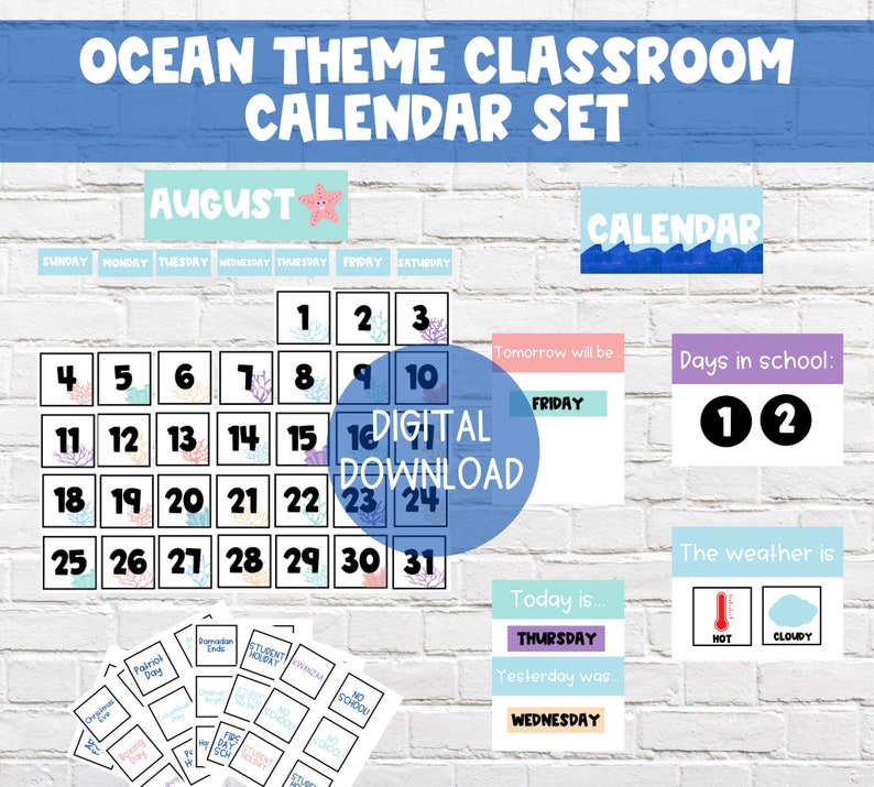Ocean Theme Classroom Calendar DIGITAL DOWNLOAD Printable - Etsy