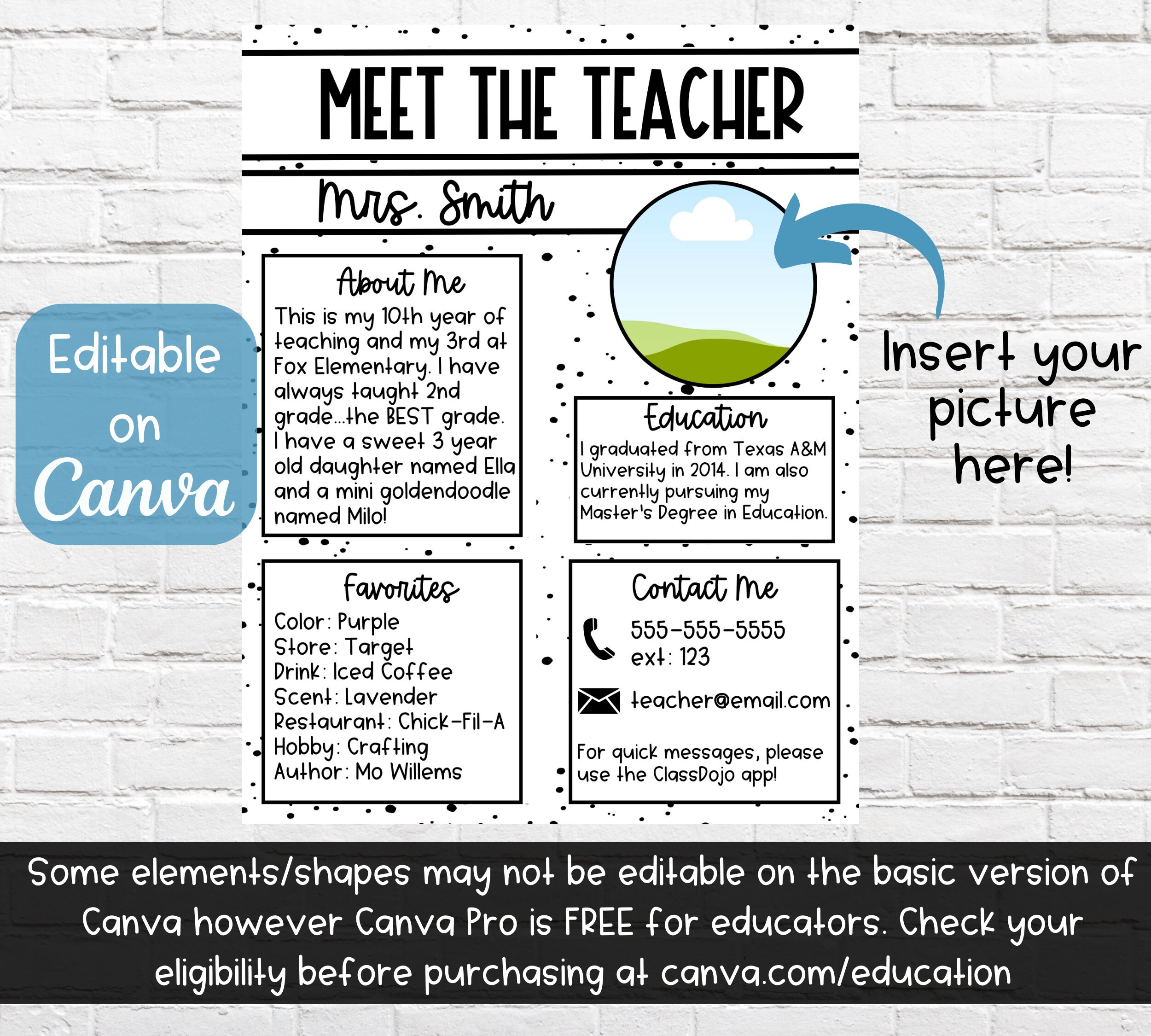 Meet the Teacher Template: Black and White Spotty | Editable on Canva ...