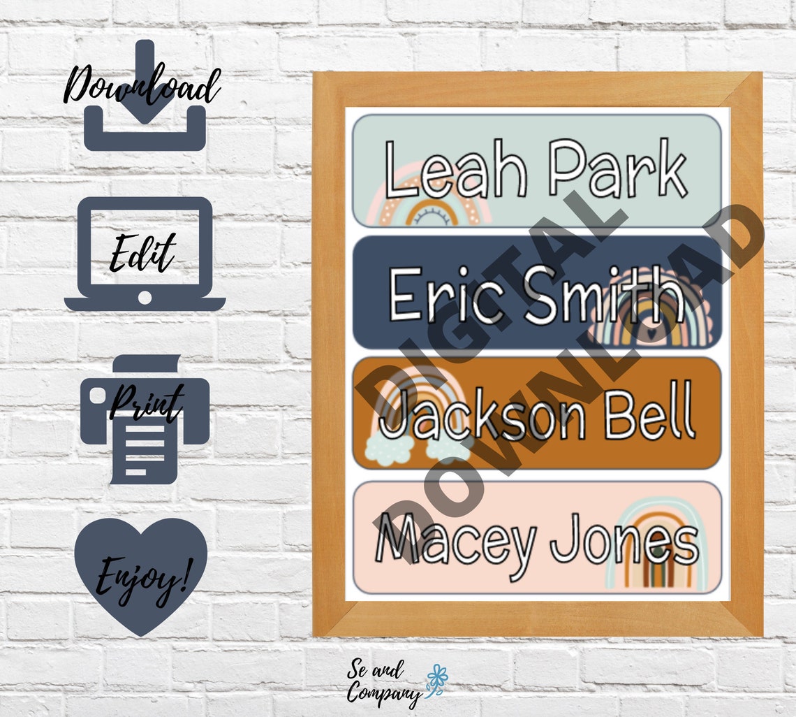 Boho Rainbow Theme Name Tags EDITABLE on Google Slides - Etsy