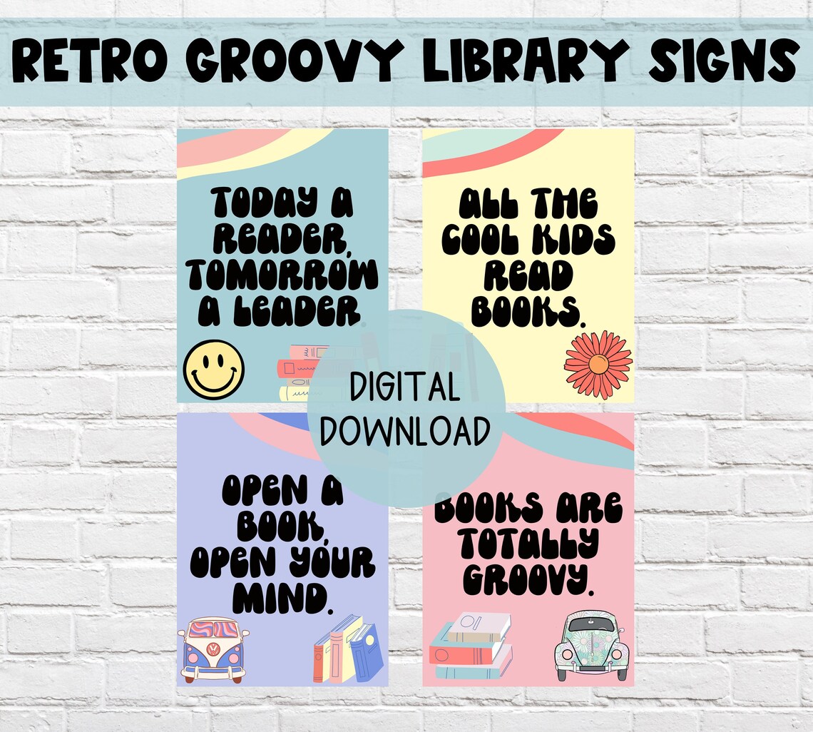 Retro Groovy Library Signs Boho Retro Classroom Library - Etsy
