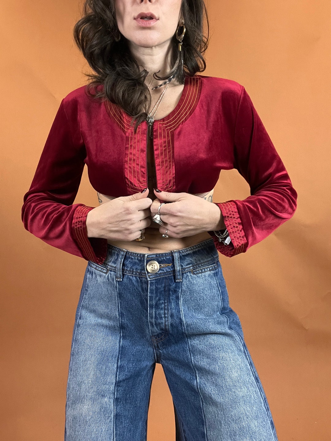 Vintage Red Velvet Cropped Reworked Long Sleeve Cardigan Bolero Size ...
