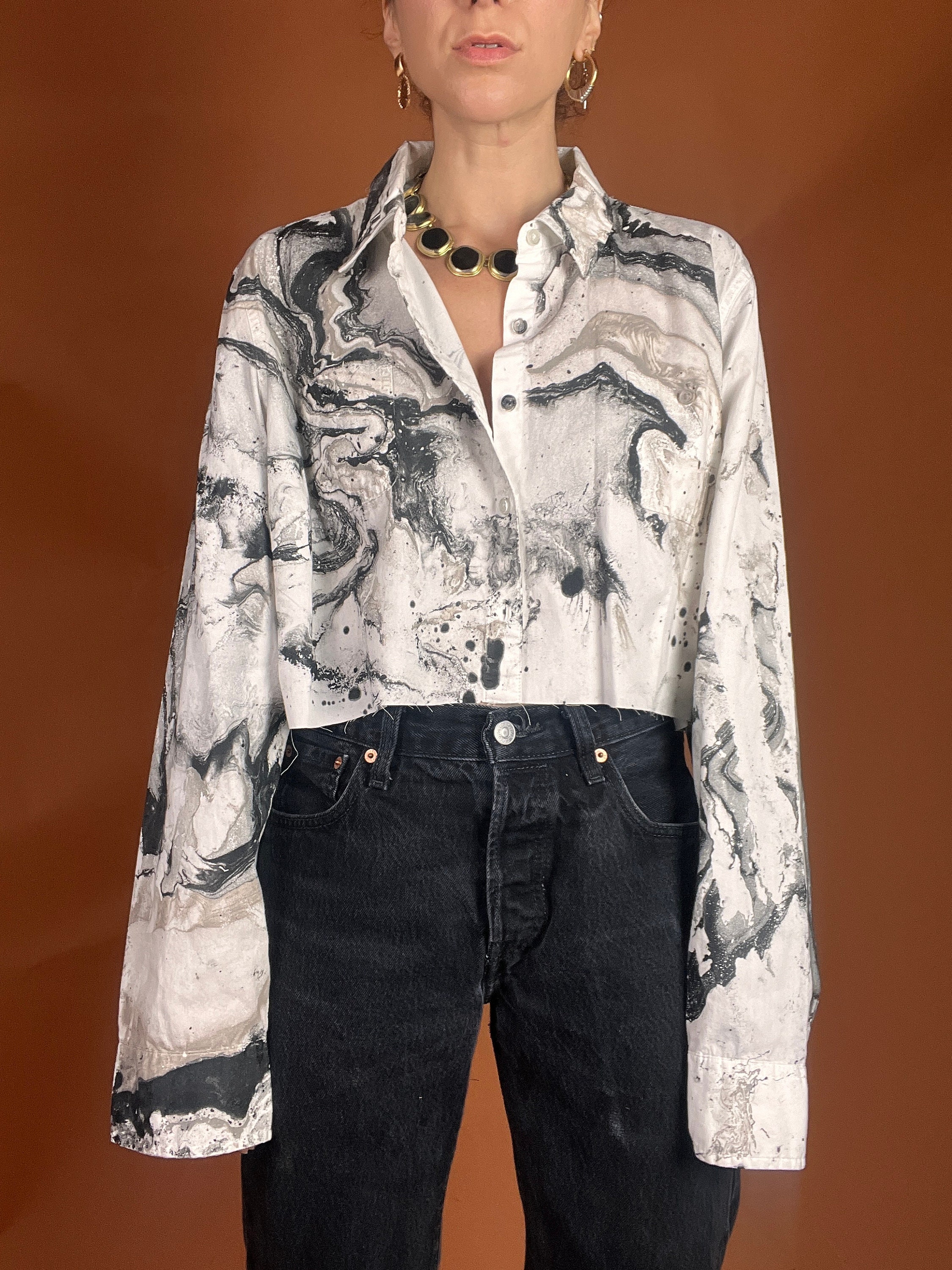 Vintage Hydro Dipped Cropped Shirt: Marble Painted Button Down - Etsy