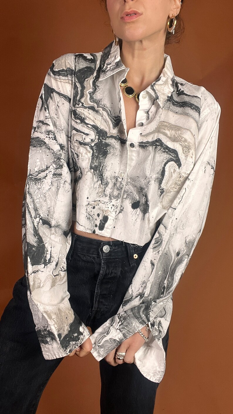 Vintage Hydro Dipped Cropped Shirt: Marble Painted Button Down - Etsy