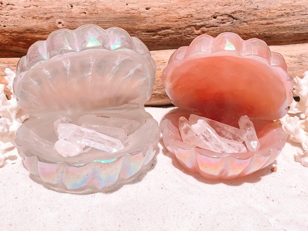 Aura Quartz Clam Shell | Rose Quartz Seashell | Fluorite Seashell Carving | Rainbow Aura Quartz ...