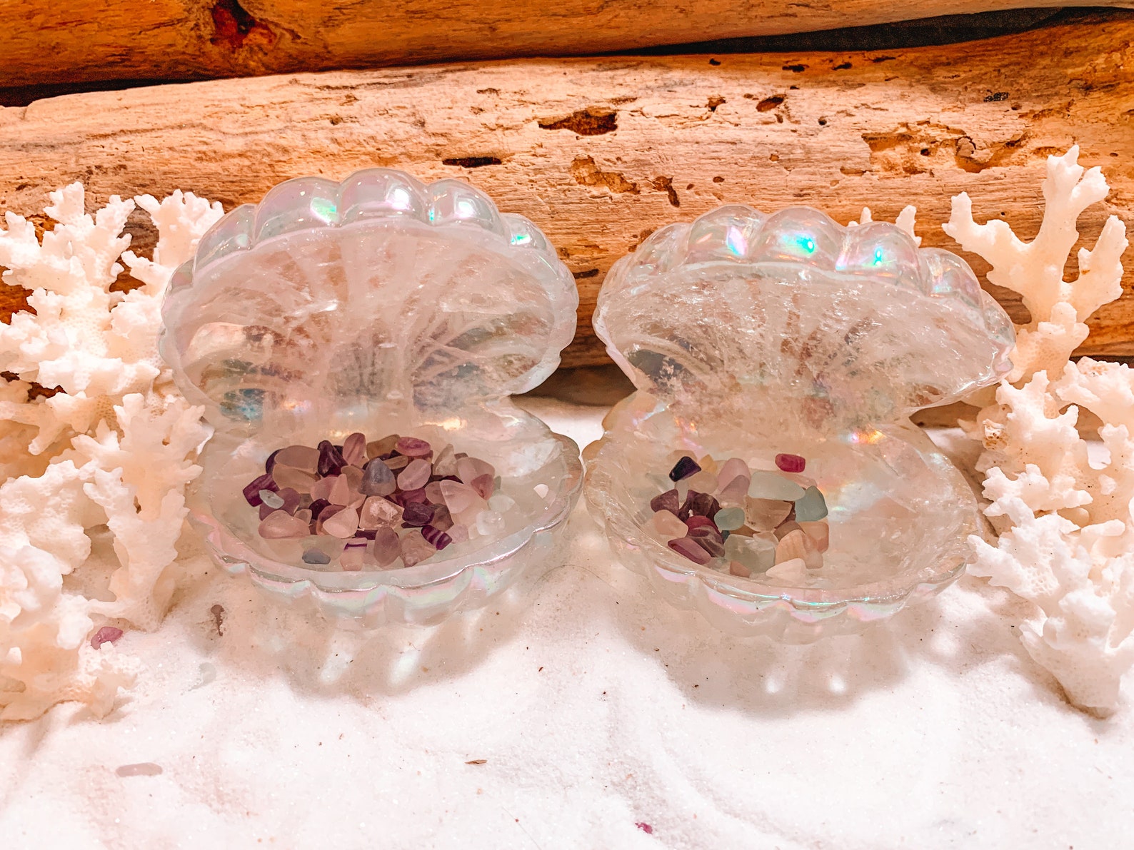 Aura Quartz Clam Shell | Rose Quartz Seashell | Fluorite Seashell Carving | Rainbow Aura Quartz ...