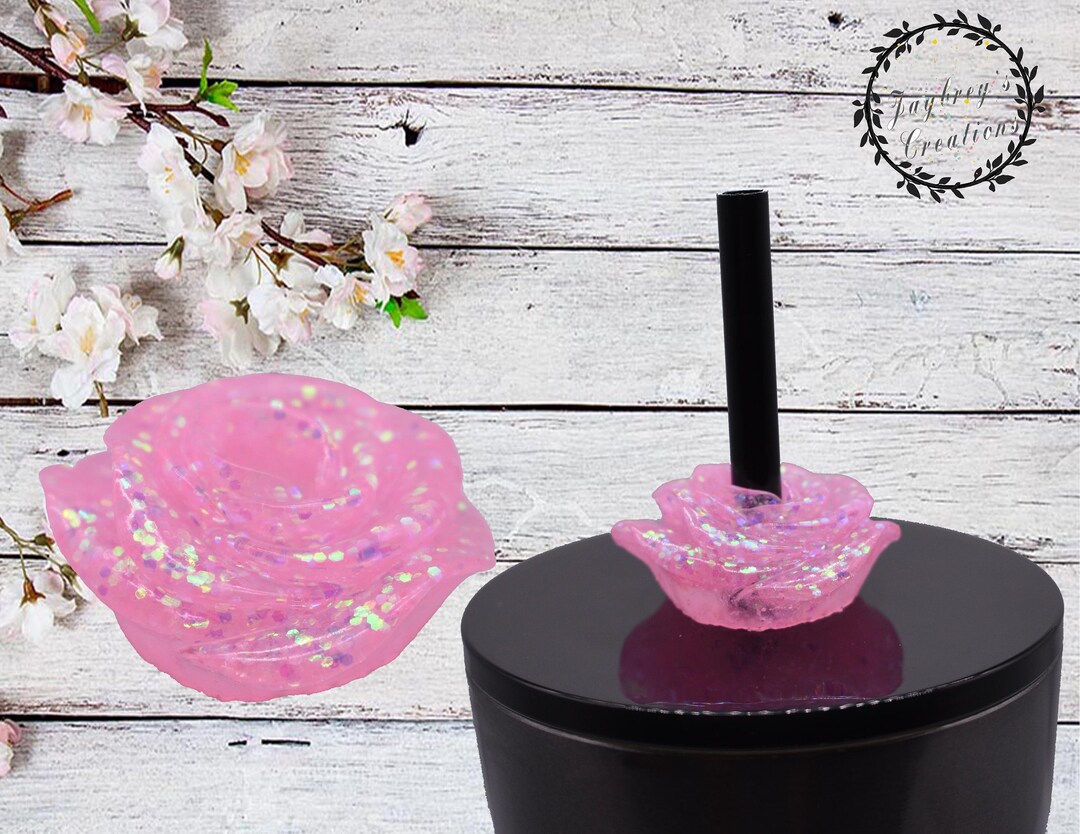 Pink With Silver Glitter Rose Straw Topper - Etsy