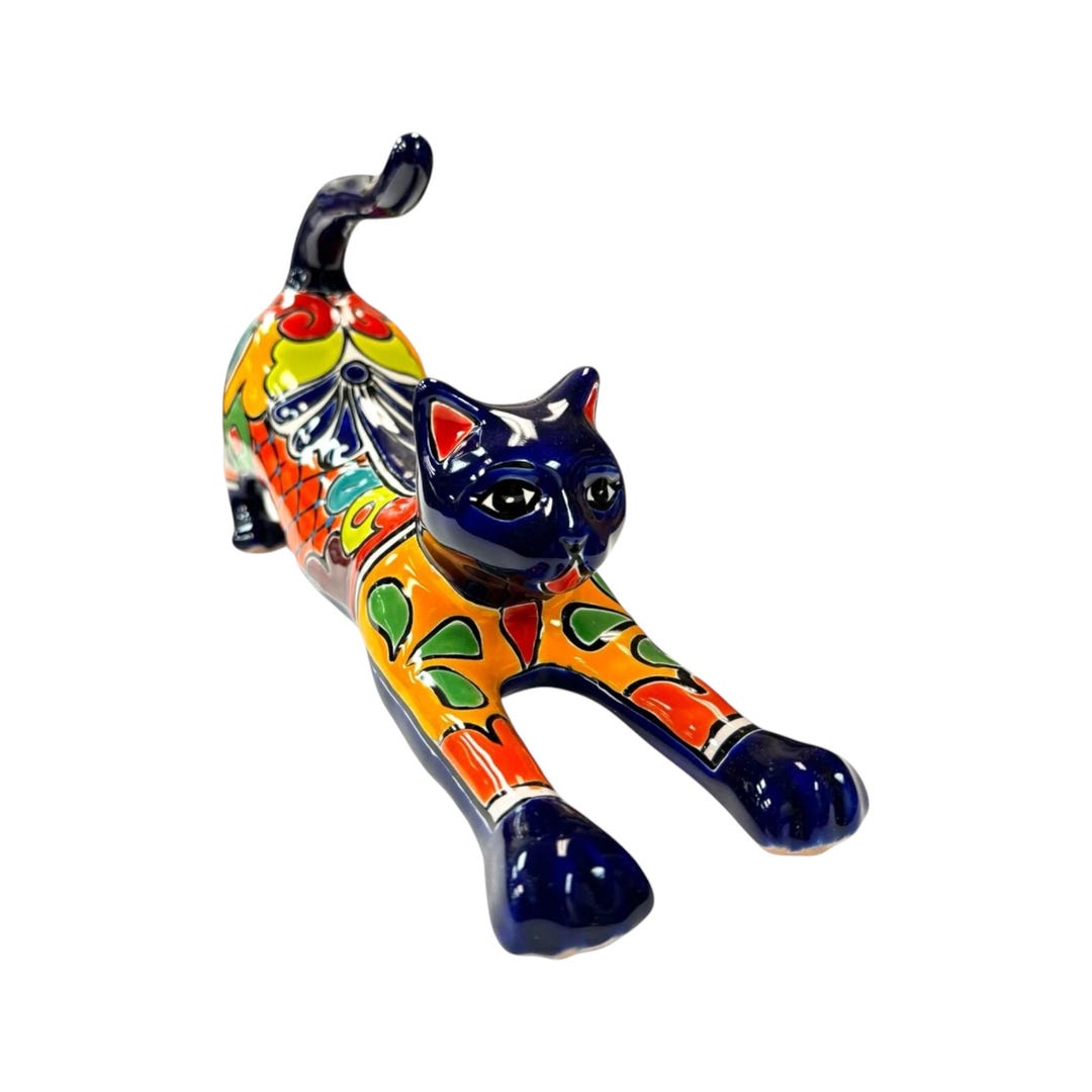 Talavera Cat Sculpture – Hand Painted Mexican Ceramic Stretching Cat ...