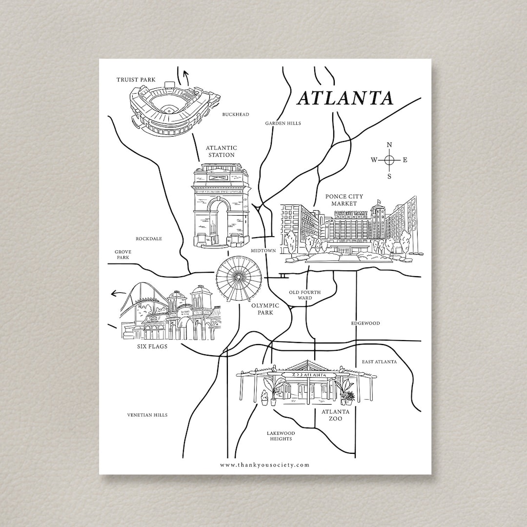 8x10 Atlanta Map Detailed Drawn Map of the Atlanta Metro - Etsy
