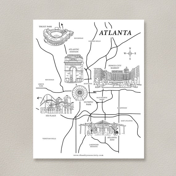 8x10 Atlanta Map Detailed Drawn Map of the Atlanta Metro - Etsy