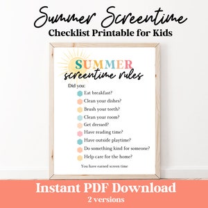 Summer Screentime Checklist Printable Summer Chore Chart Kids Summer ...