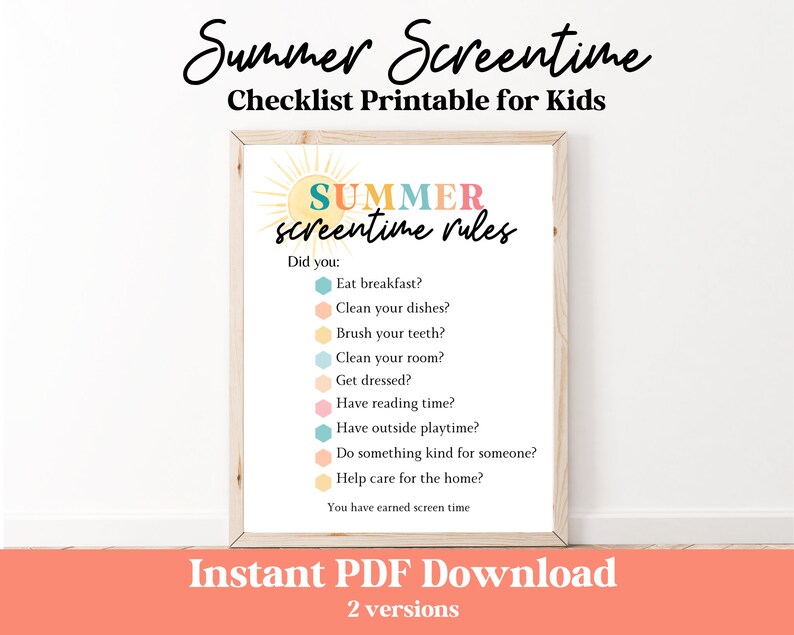 Summer Screentime Checklist Printable Summer Chore Chart Kids Summer ...