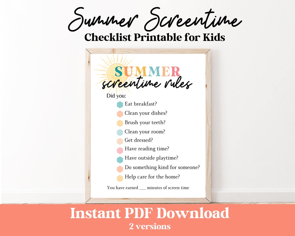 Summer Screentime Checklist Printable Summer Chore Chart Kids Summer ...