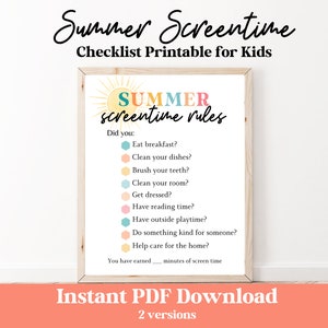 Summer Screentime Checklist Printable Summer Chore Chart Kids Summer ...