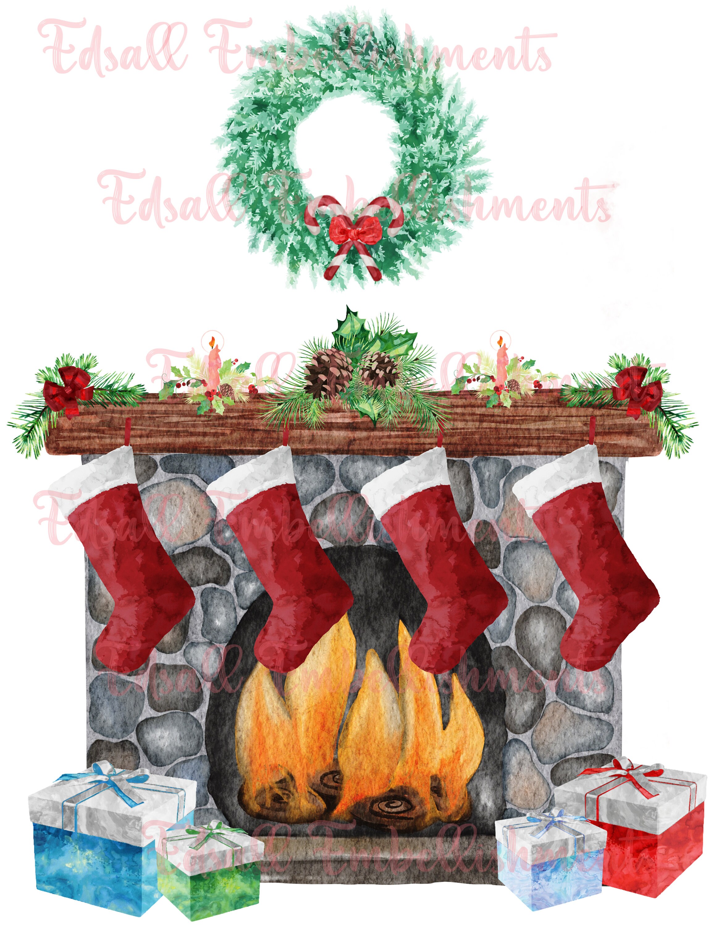 Christmas Stockings on the Fireplace Christmas Scene With Wreath and ...