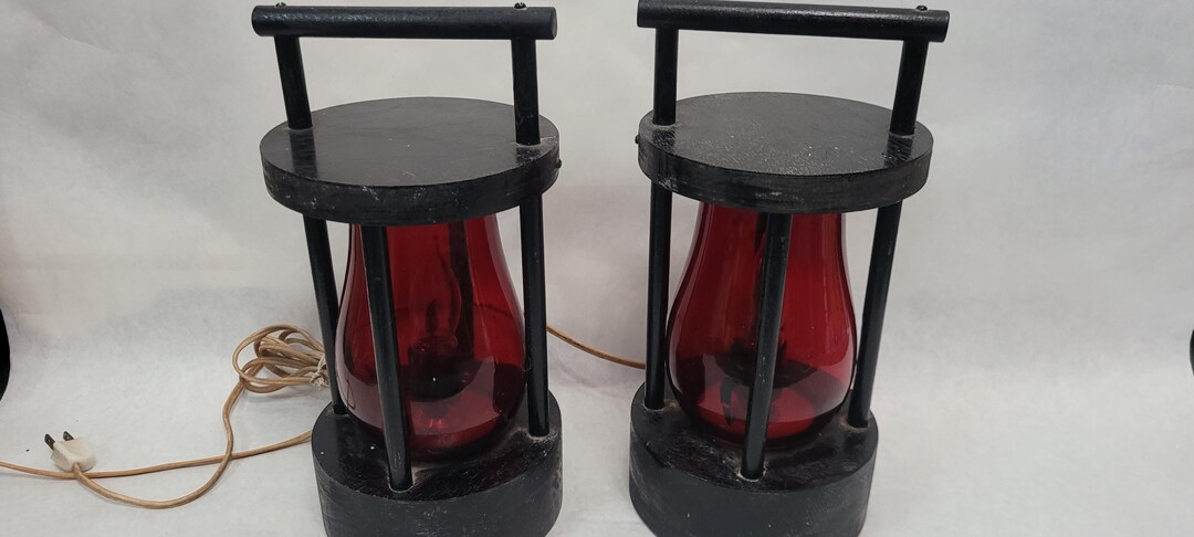 Vintage Stained Red Glass Globe Candle Lantern Wooden Light Handlan ...