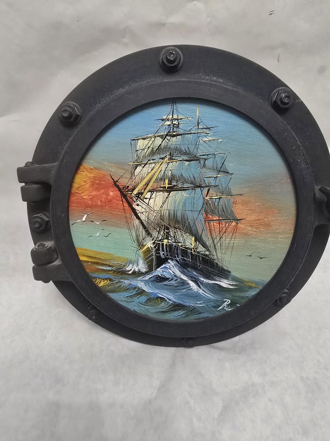 Vintage Maritime Clipper Ship Sunset Painting in Round Porthole Frame ...