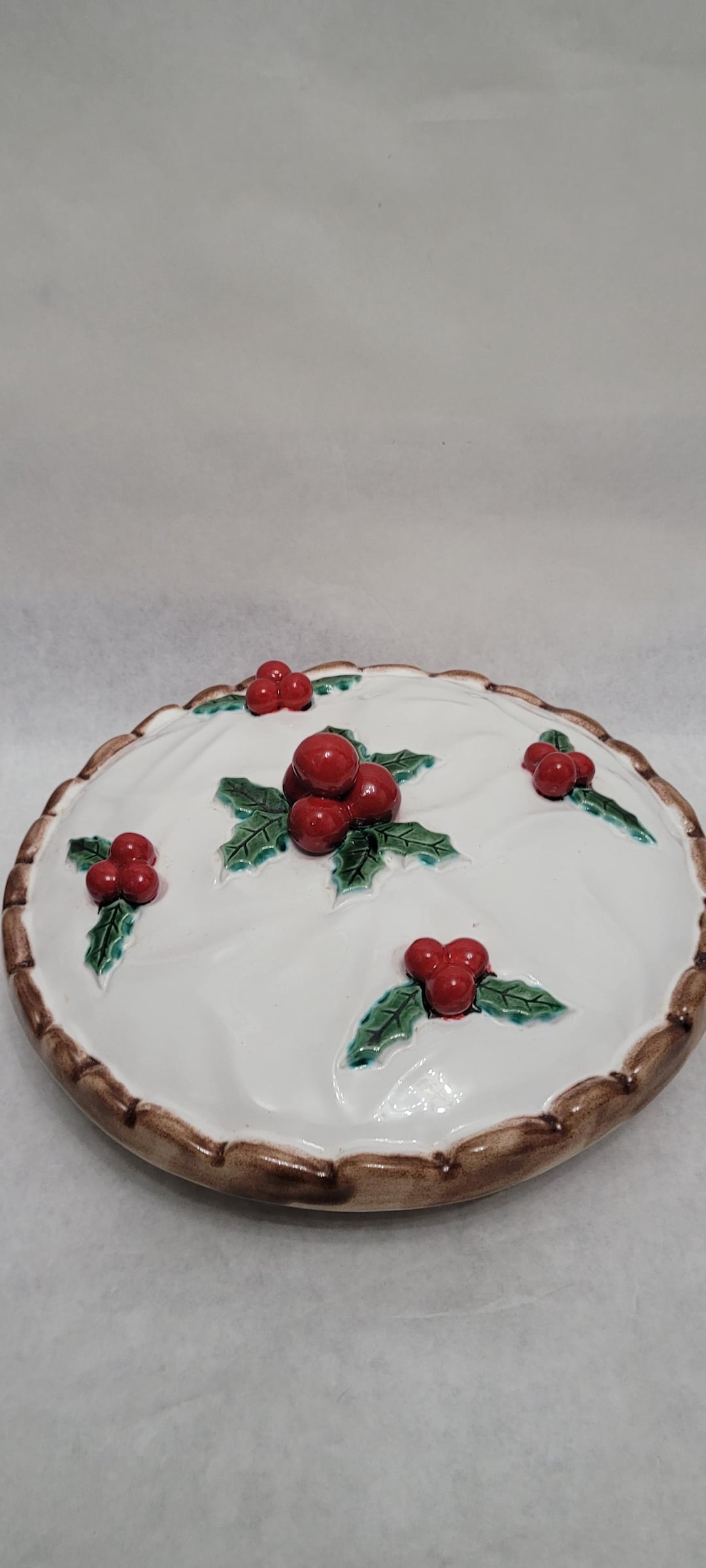 Vintage Covered Cherry Pie Plate With Lid Ceramic Hand Made Holly ...