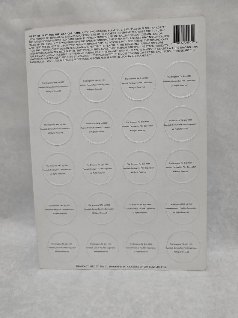 Vintage 1993 Simpsons Milk Caps Unpunched Sheet FOX TV Show Collectible ...