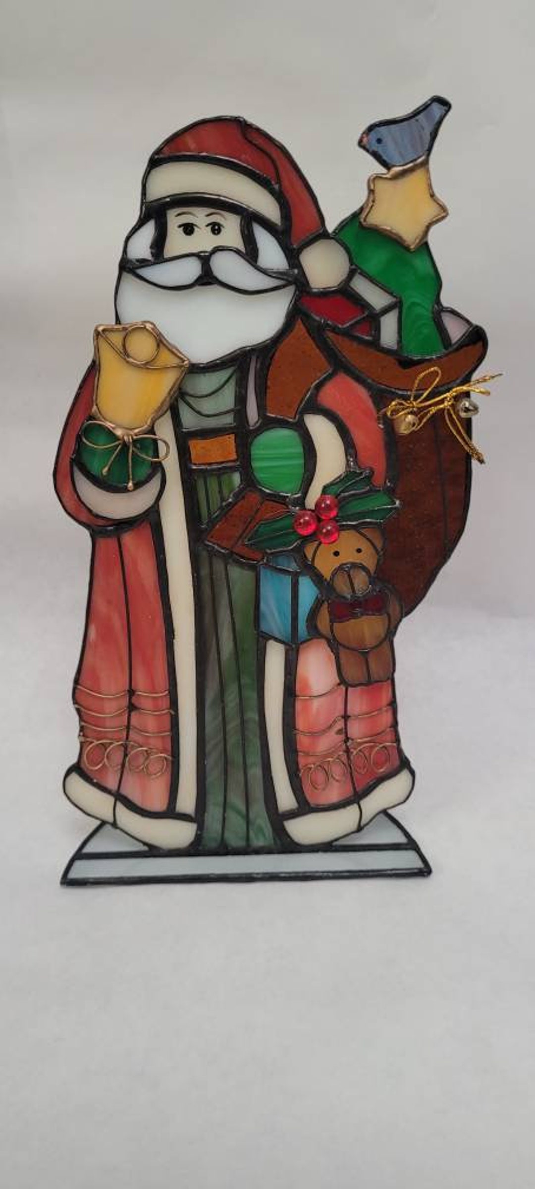 Vintage Stained Glass Santa Claus Christmas Holiday Decor Candle Holder ...