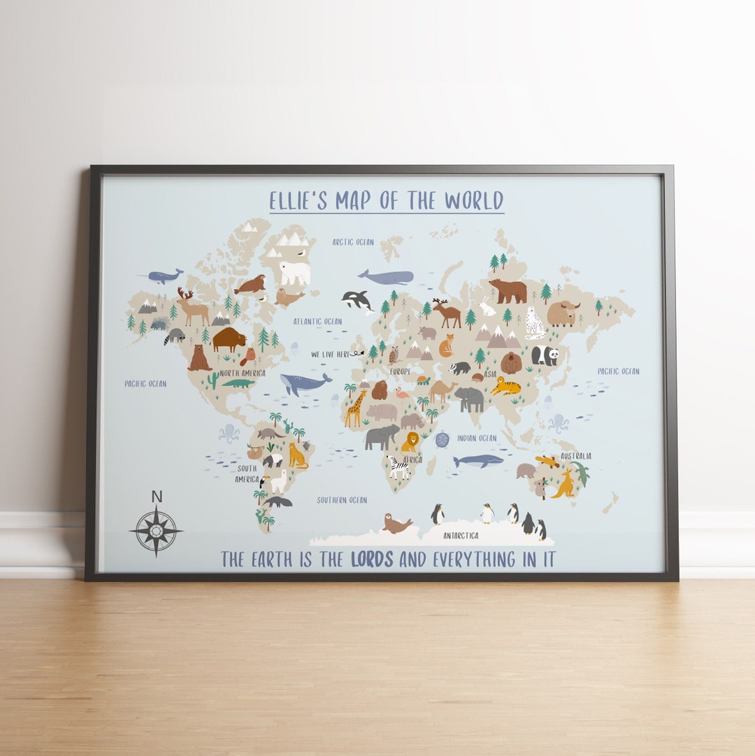 World Map Bible Verse, Christian Kids Nursery Decor, Animal World Map ...