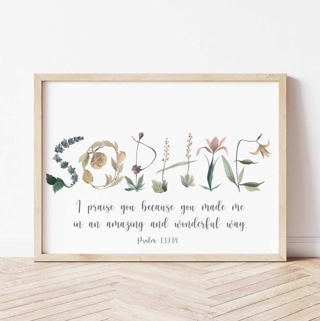 Bible Verse Name Print, Floral Christian Nursery Name Print, Christian ...
