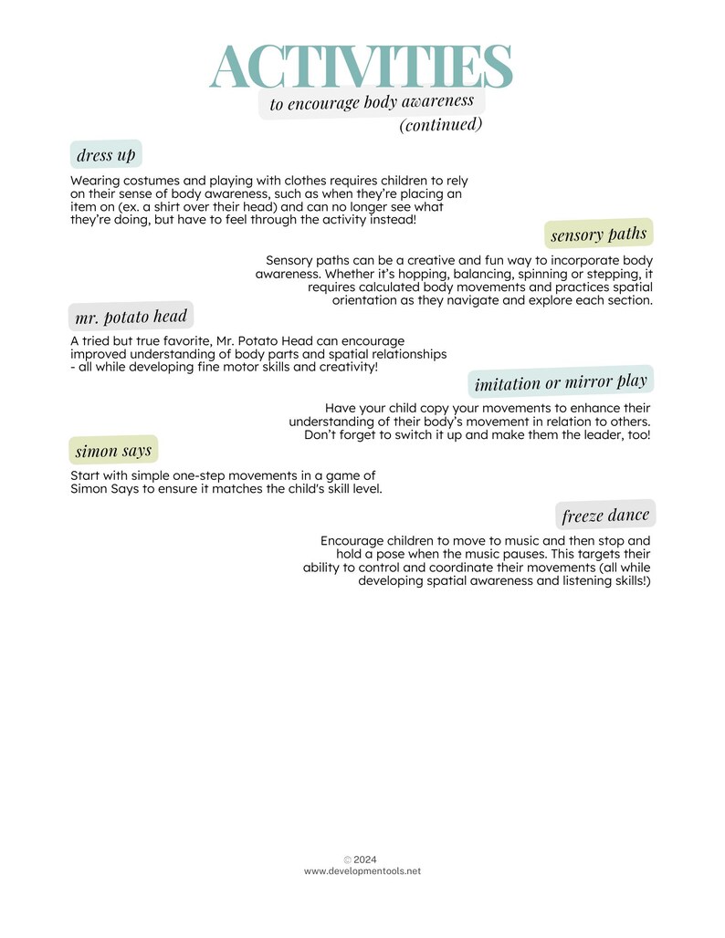 Body Awareness Activities Handout for Coordination, Occupational ...