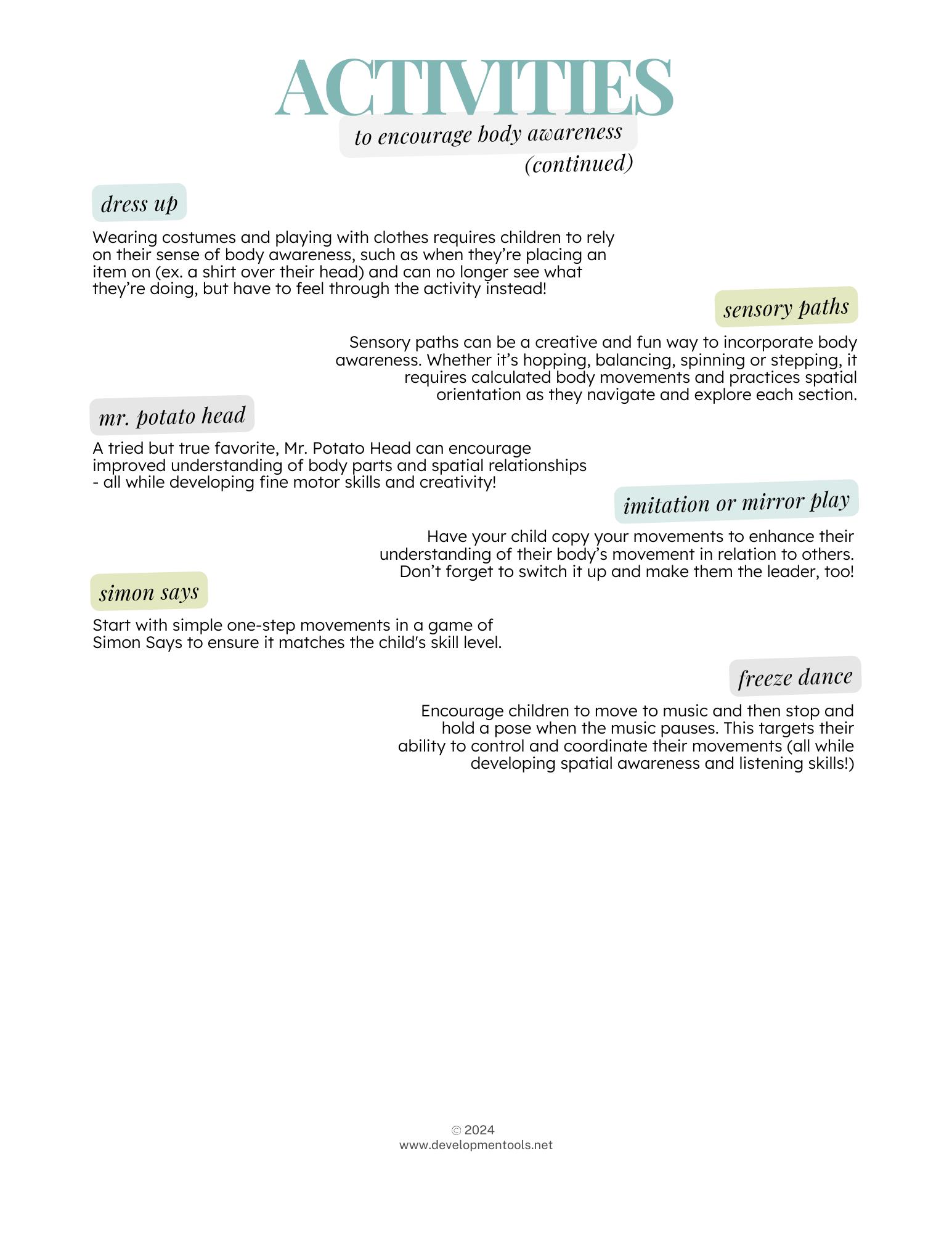 Body Awareness Activities Handout for Coordination, Occupational ...
