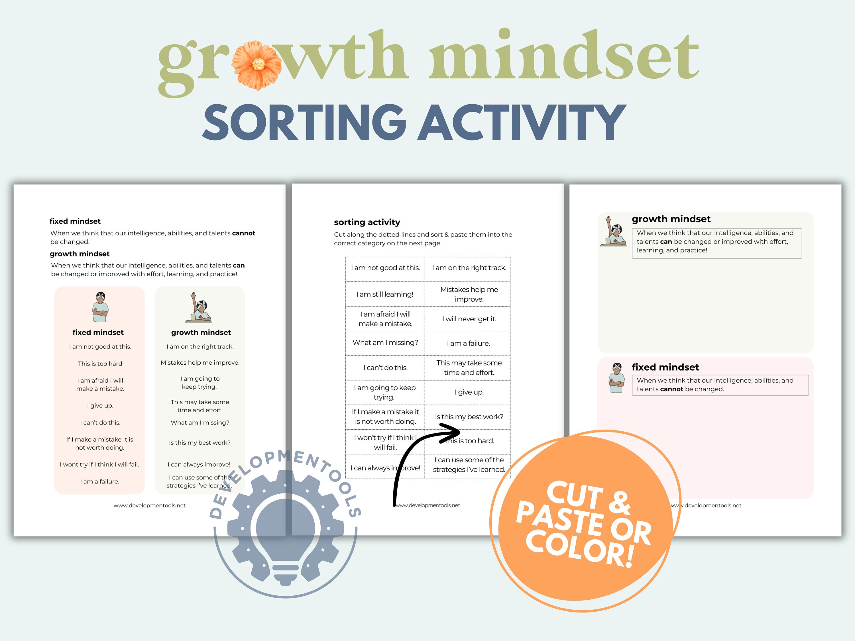 Growth Mindset Sorting Activity Printable SEL Worksheet Occupational ...