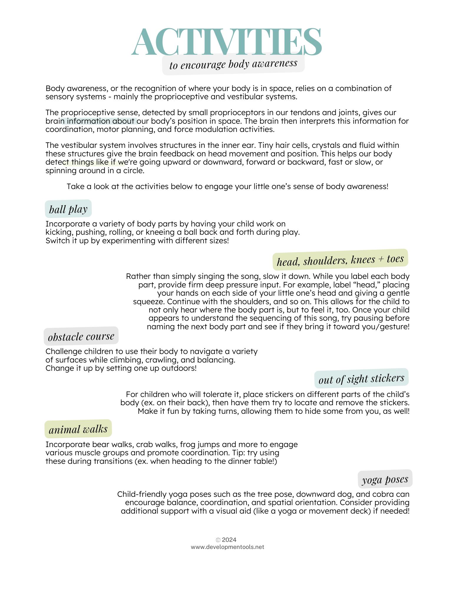 Body Awareness Activities Handout for Coordination, Occupational ...