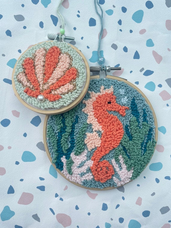 Punch Needle Seahorse and Seashell Set of Two Hoops - Etsy